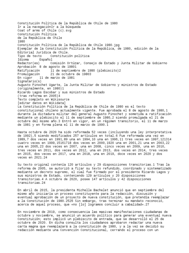 Constitución Política de La República de Chile de 1980 | PDF | Chile ...