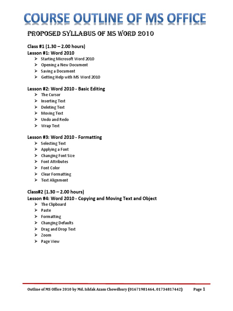 Proposed Syllabus for Teaching MS Office 2010 Applications Including Word, Excel and PowerPoint ...