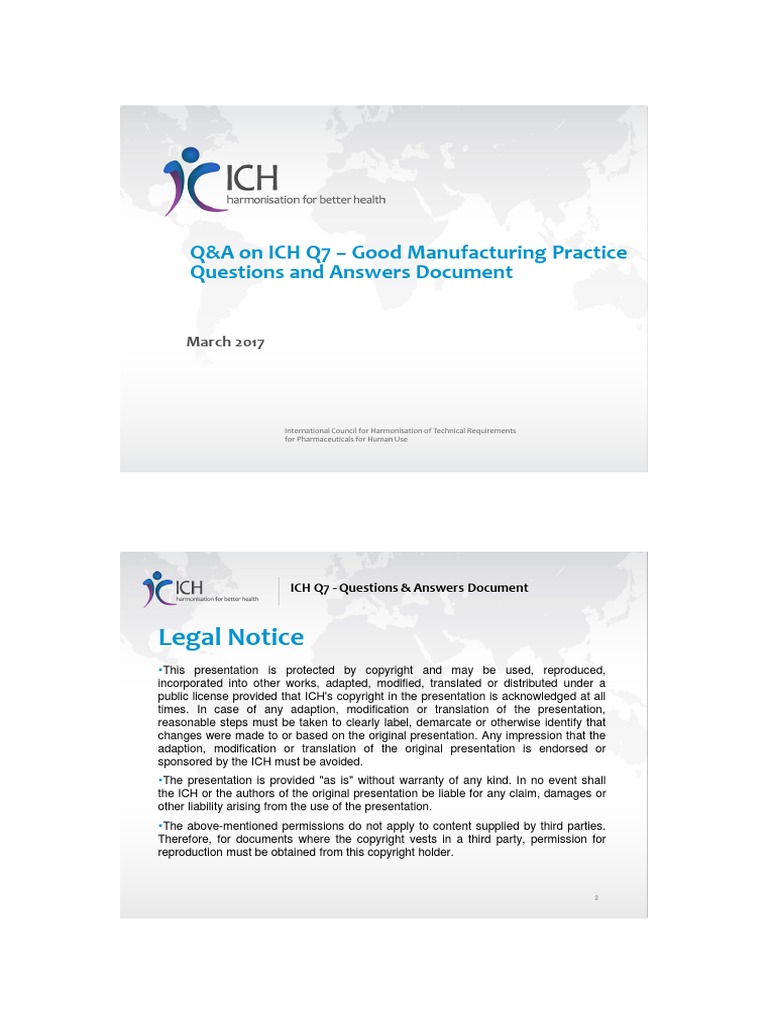 Legal Notice: Q&A On ICH Q7 - Good Manufacturing Practice Questions and ...