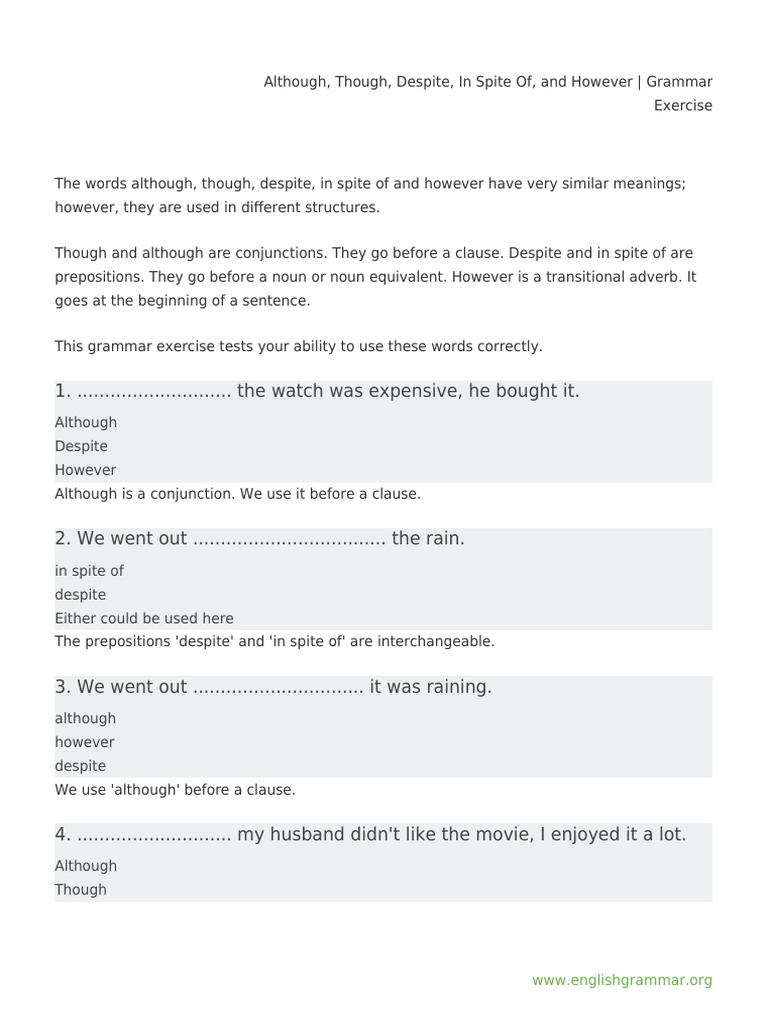 Grammar Exercise, Contrast Linkers | PDF | Adverb | Preposition And ...
