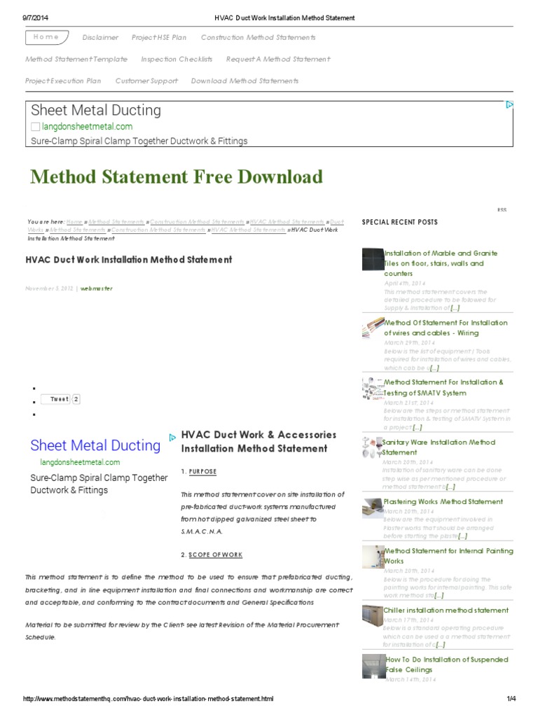 HVAC Duct Work Installation Method Statement PDF | PDF