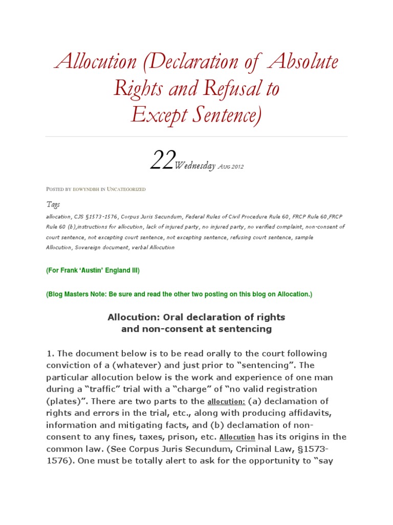 Allocution (Delcaration of Absolute Rights and Refusal To Except ...