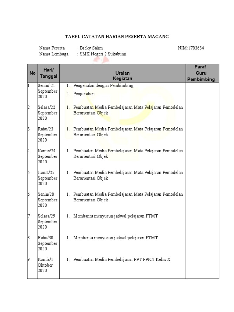 Tabel Catatan Harian Peserta Magang | PDF