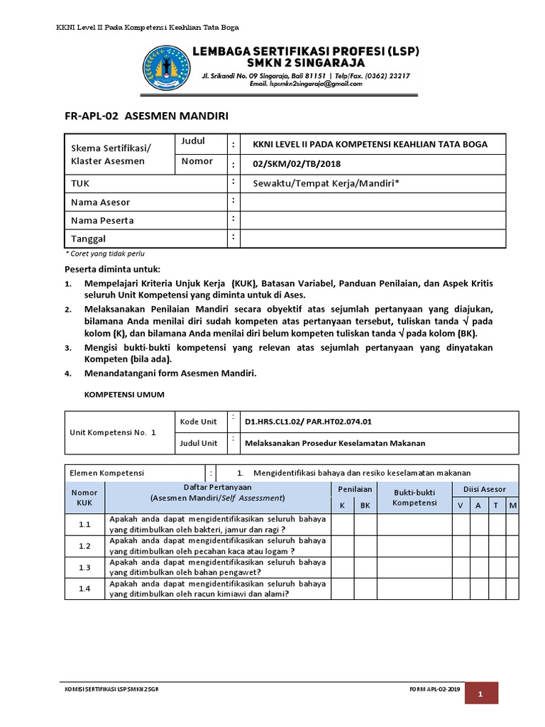 FR-02 KKNI Level II Pada Kompetensi Keahlian Tata Boga | PDF