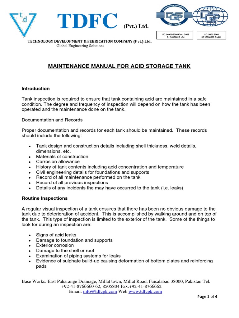 Maintenance Manual For Acid Storage Tank | PDF | Welding | Construction