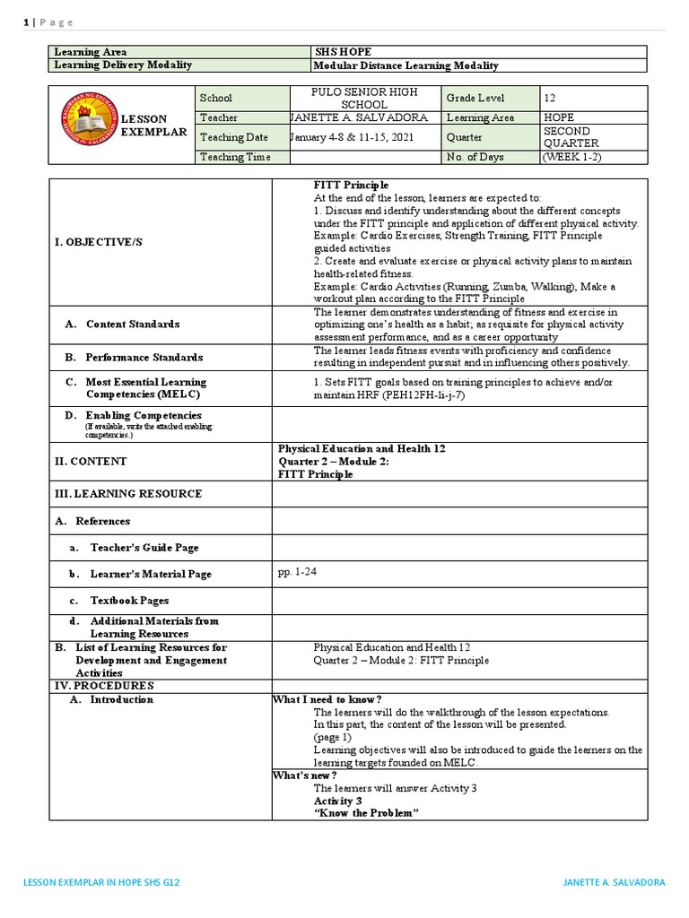 Pe and Health 12 - Lesson Exemplar Week 1-2 | PDF | Physical Fitness ...
