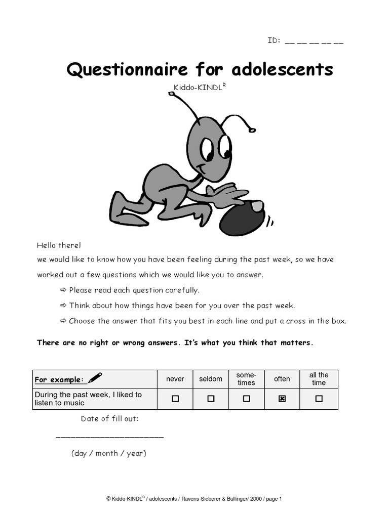 Questionnaire For Adolescents: There Are No Right or Wrong Answers. It ...
