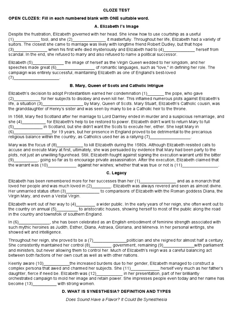 Cloze Test OPEN CLOZES: Fill in Each Numbered Blank With ONE Suitable ...