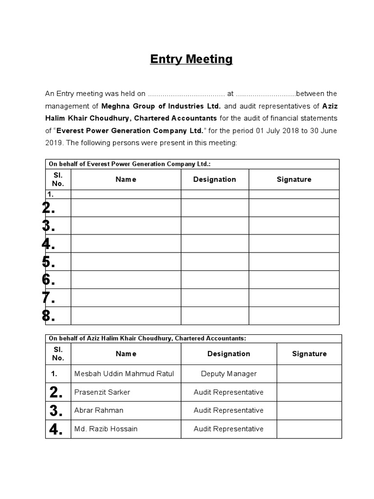 Entry & Exit Meeting Format For Internal Audit | PDF
