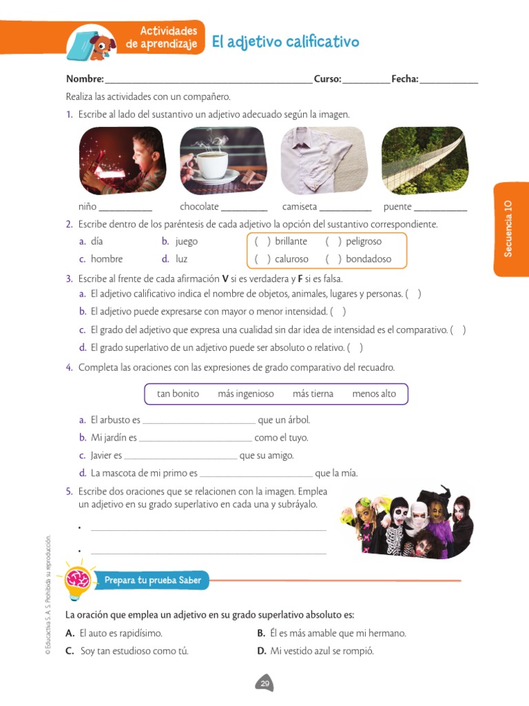Actividad Adjetivos Calificativos | PDF | Adjetivo | Gramática