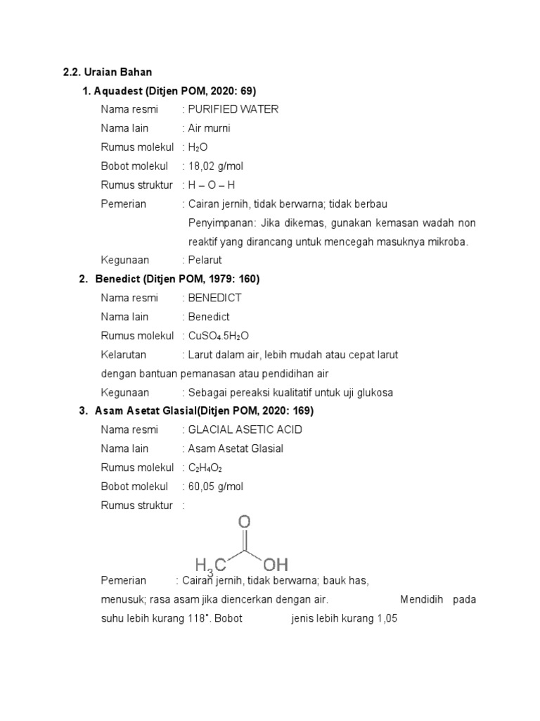 2.2. Uraian Bahan 1. Aquadest (Ditjen POM, 2020: 69) | PDF | Kesehatan ...
