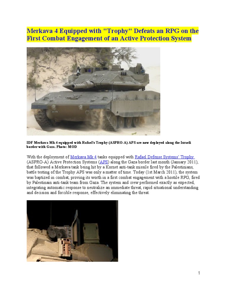Merkava 4 Equipped With Trophy Defeats An RPG On The First Combat ...