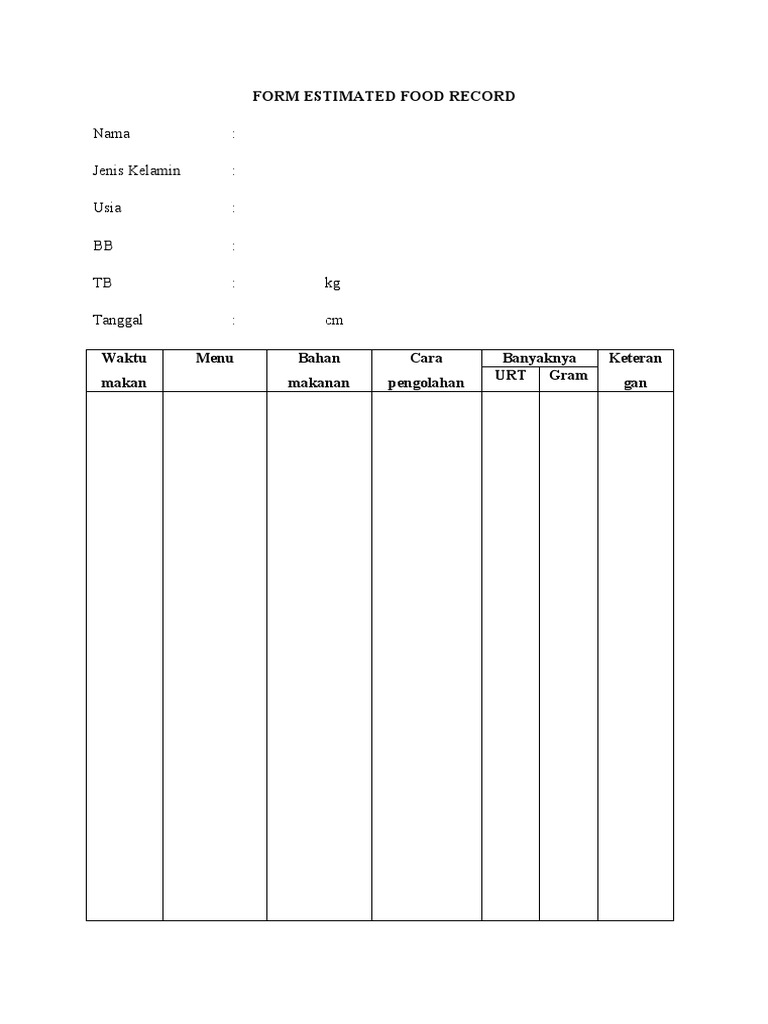 Form Estimated Food Record | PDF | Memasak, Makanan, & Anggur ...