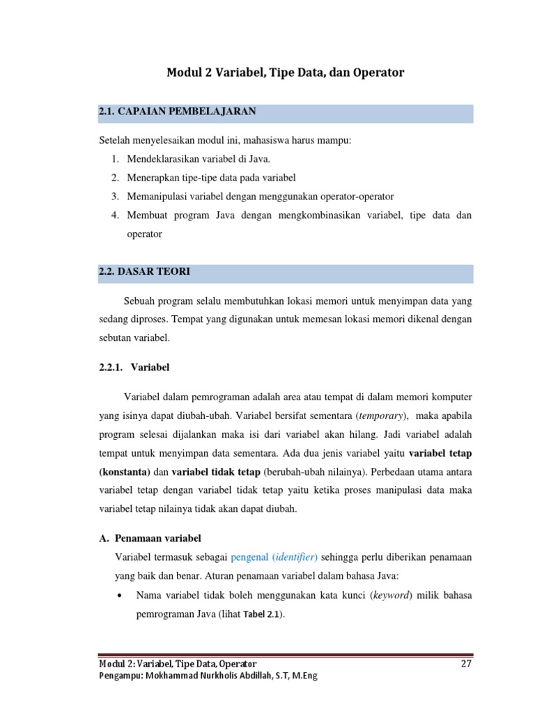Modul 2 - Variabel, Tipe Data, Operator | PDF