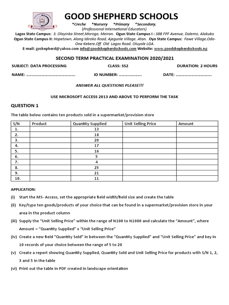 SS2 Data Processing Practical Examination | PDF | Computer Science | Information Science