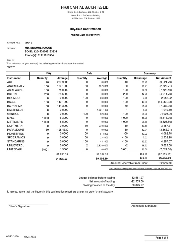 First Capital Securities LTD.: Buy/Sale Confirmation | PDF | Companies ...