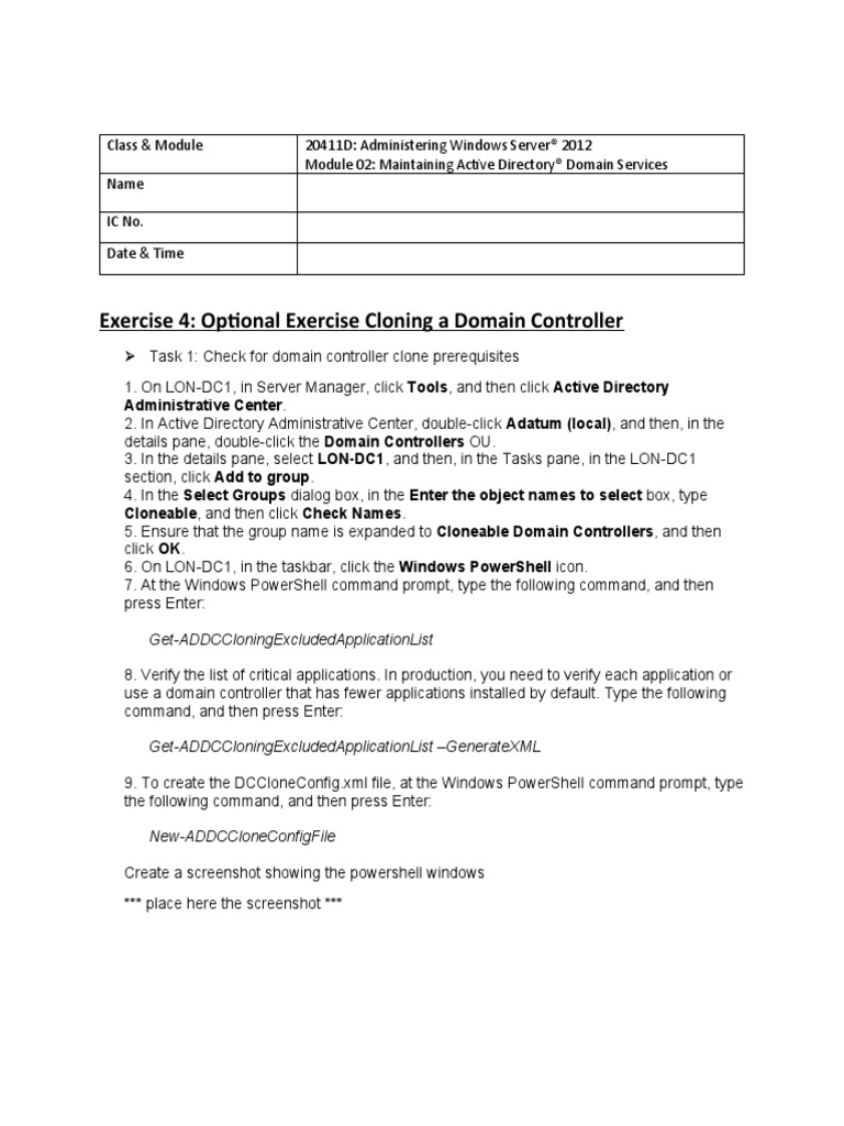20411D-Lab02-Ex04-Optional Exercise Cloning A Domain Controller-Template | PDF | Active ...