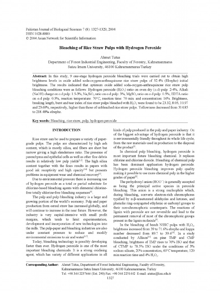 Bleaching Rice Straw Pulp With Hydrogen Peroxide | PDF