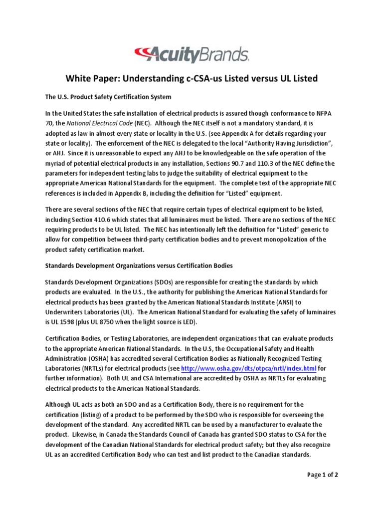 c-CSA-us Versus UL White Paper For The US Market | PDF | Safety ...