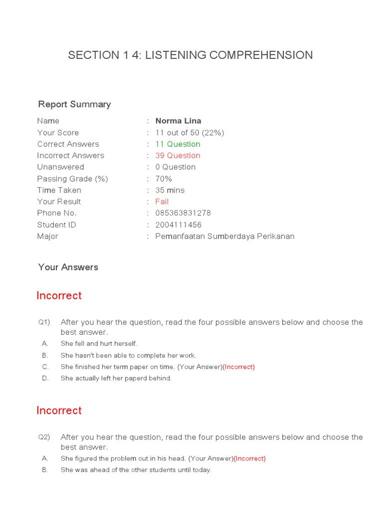 Norma Lina-246976105-SECTION 1 4 - LISTENING COMPREHENSION | PDF | Question