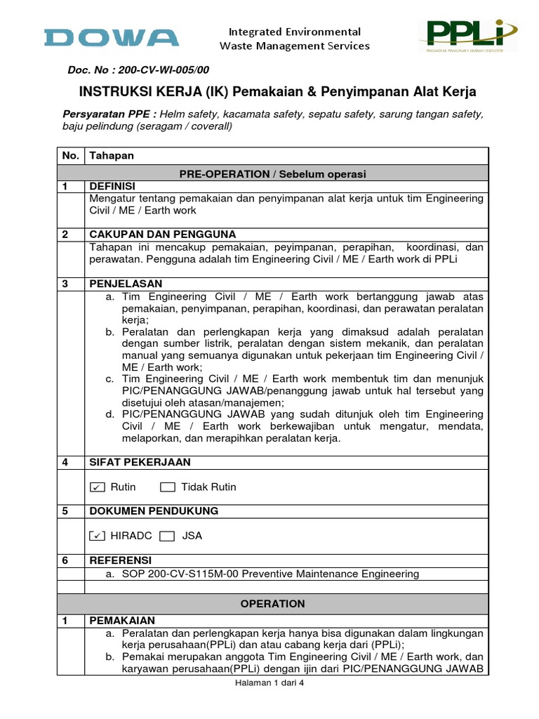 Contoh WI Pemakaian Dan Penyimpanan Alat Kerja | PDF