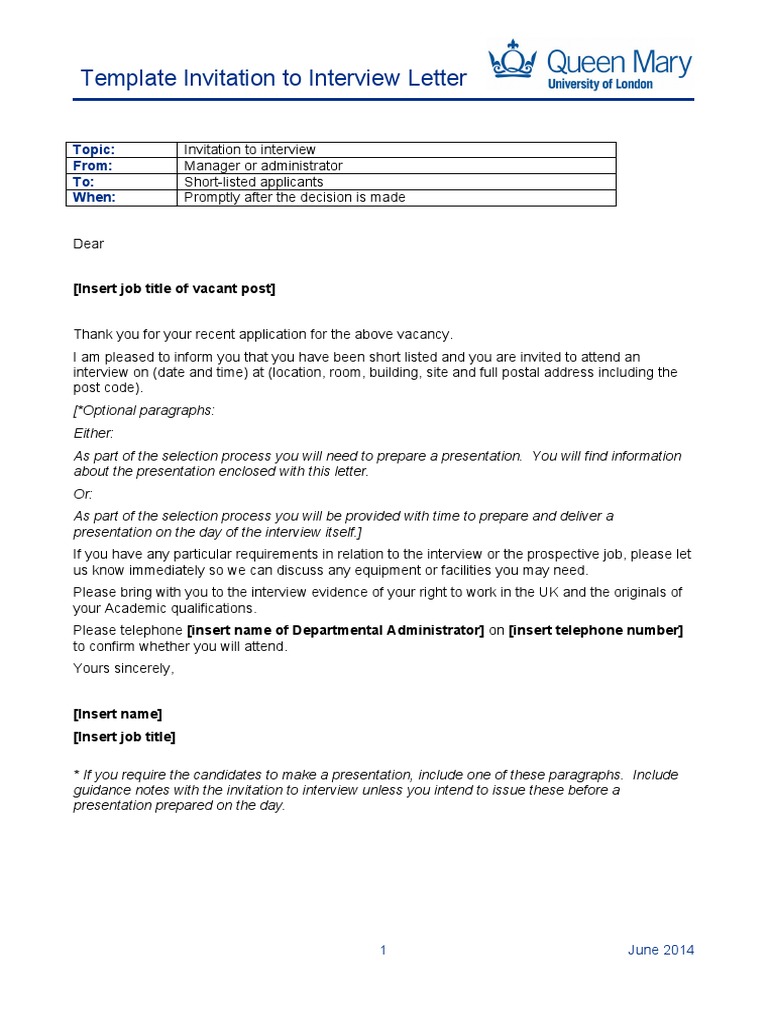 Template Invitation To Interview Letter: Topic: From: To: When | PDF