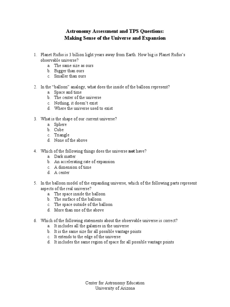 Astronomy Assessment and TPS Questions: Making Sense of The Universe ...