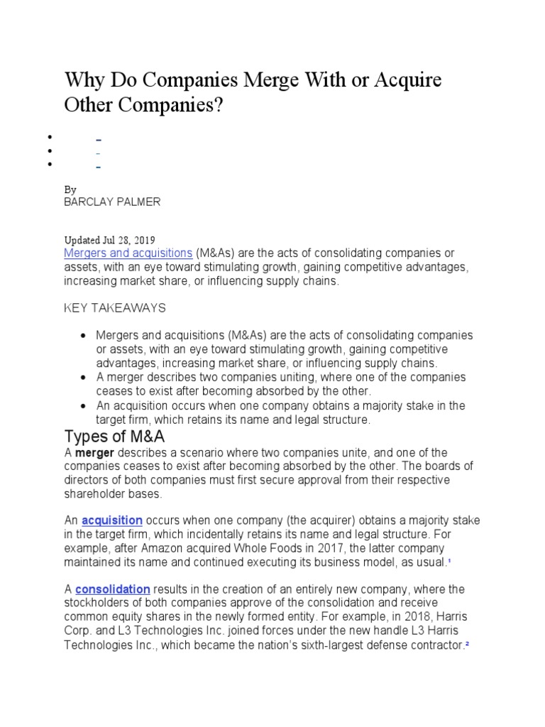 Why Do Companies Merge With or Acquire Other Companies | PDF | Mergers ... Why Do Companies Merge With or Acquire Other Companies | PDF | Mergers ...