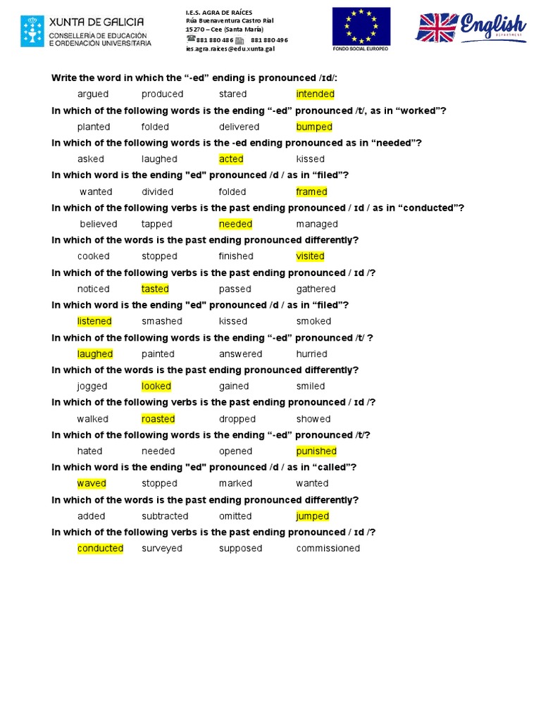 Pronunciation of - Ed Exercises - 2 Answer Key | PDF