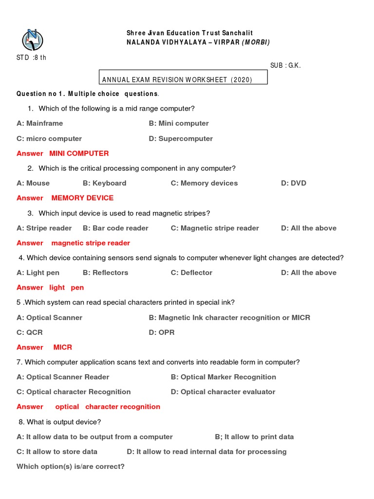 Grade 8 G.K. Exam Revision Worksheet | PDF | Computer Data Storage ...