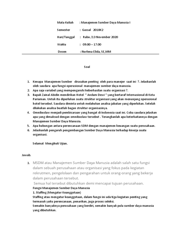 Soal UTS MSDM 1 2020 | PDF