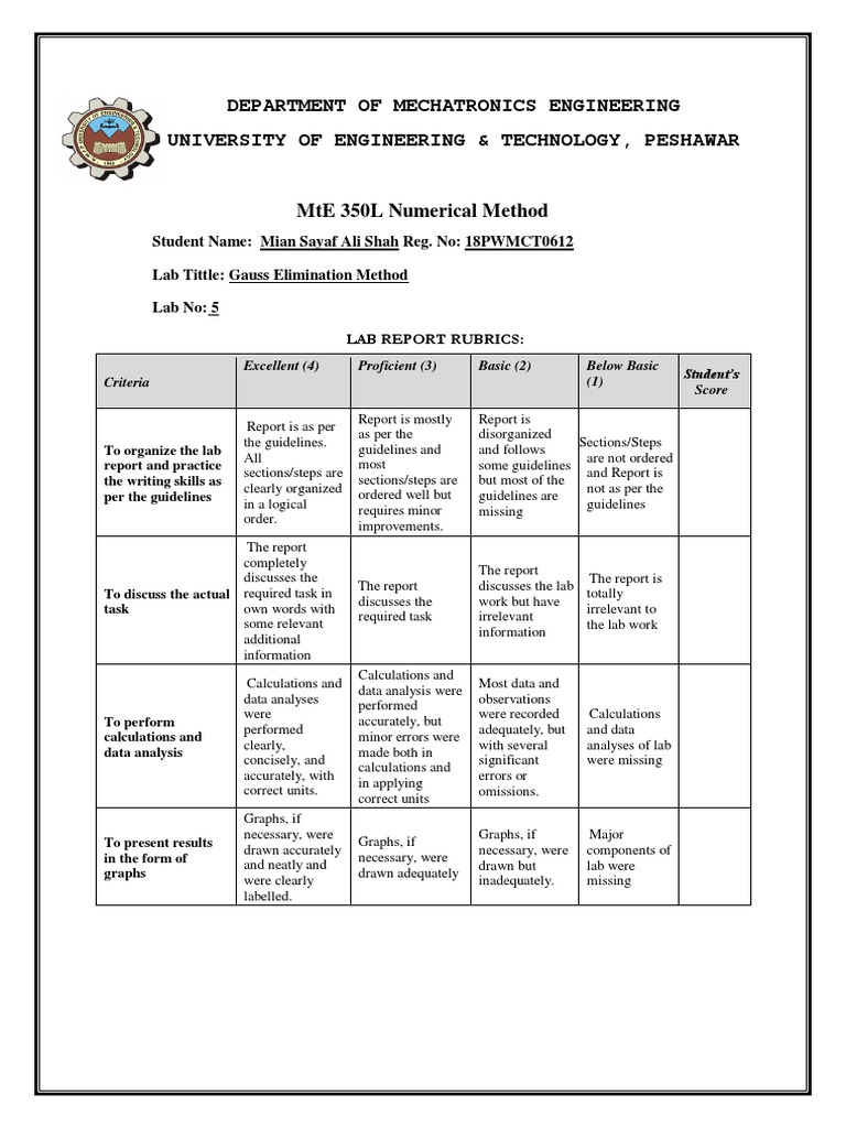 Gauss Elimination MATLAB Lab Report | PDF | Matrix (Mathematics ...