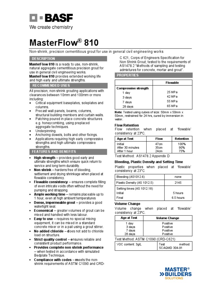 Masterflow 810: Non-Shrink, Precision Cementitious Grout For Use in General Civil Engineering ...