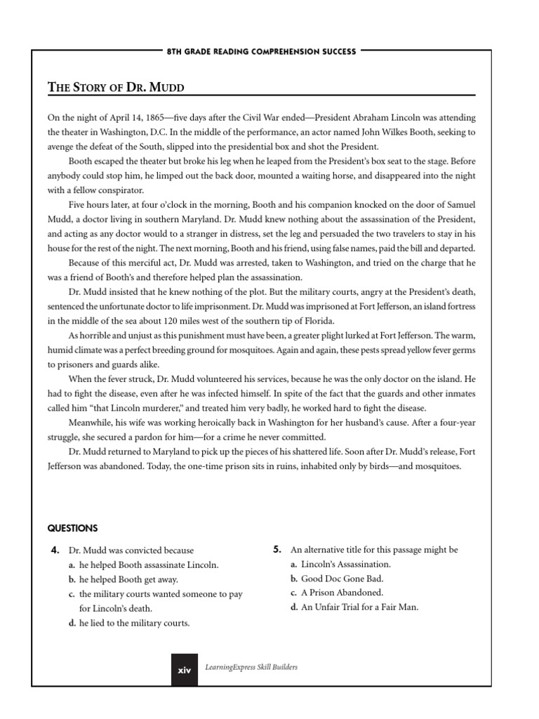 Grade 8 English Reading Comprehension 14 | PDF | John Wilkes Booth | Prison