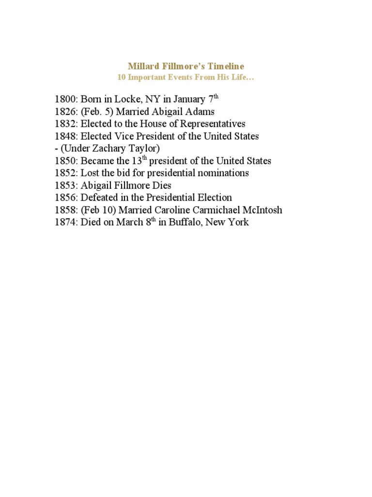 Millard Fillmore: Key Life Events Timeline | PDF