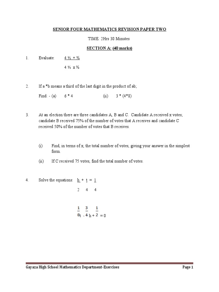 Senior Four Mathematics Revision Paper Two: Gayaza High School ...
