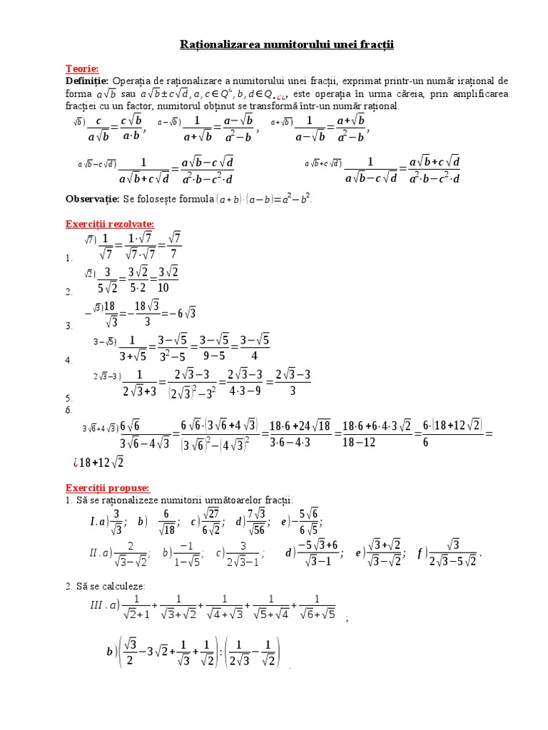 Fisa - Rationalizarea Numitorului Unei Fractii | PDF