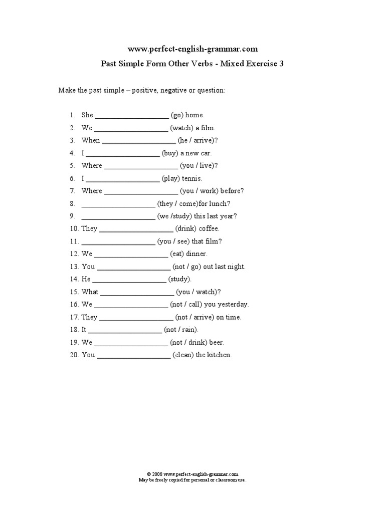 Past Simple Form Other Verbs - Mixed Exercise 3: May Be Freely Copied ...