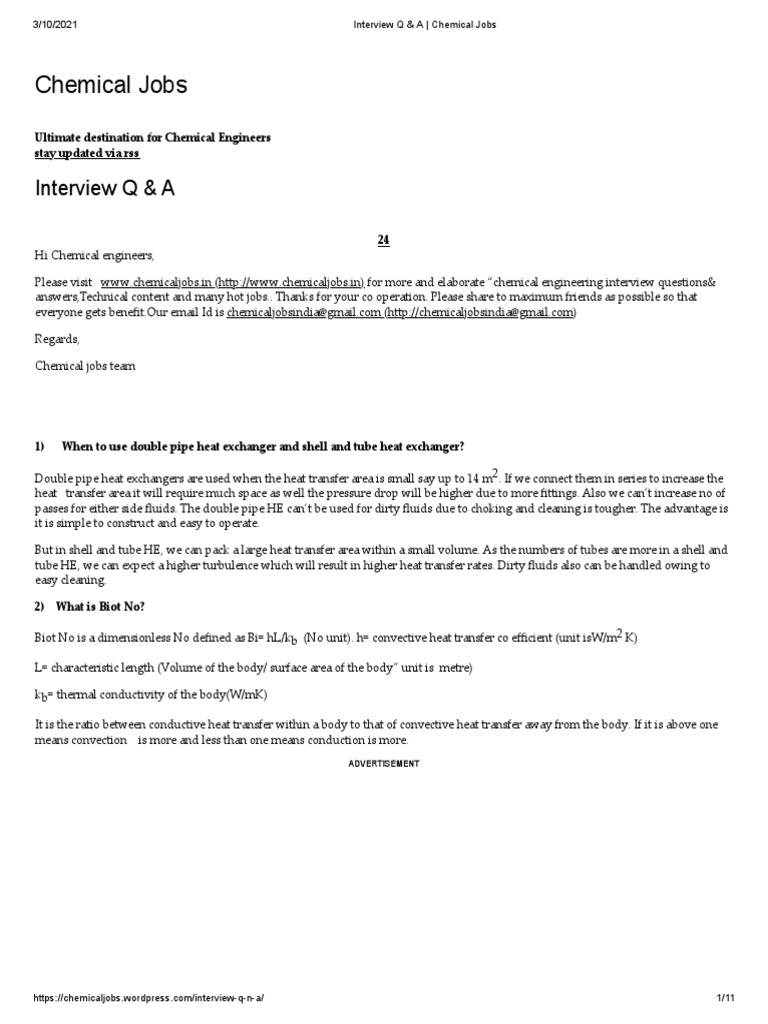 Chemical Engineering Interview Q&A Guide | PDF | Thermal Insulation | Pump