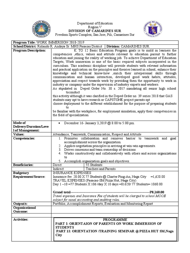 Work Immersion Proposal 2018-2019 | PDF | Curriculum | Communication
