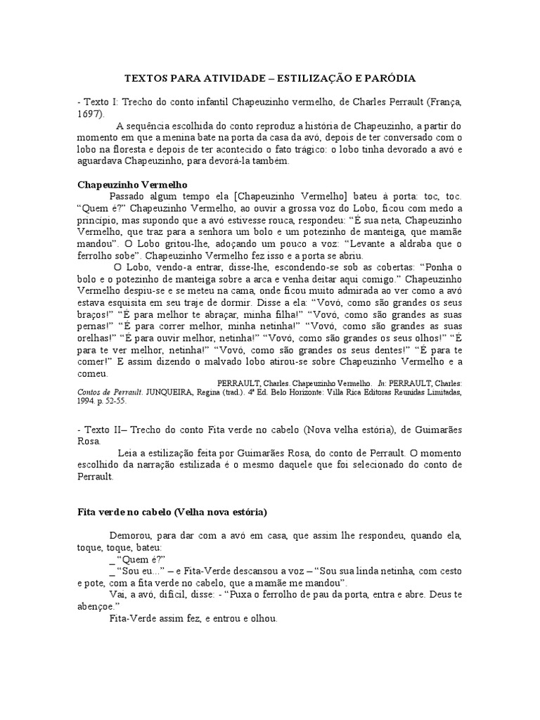 Textos para Ativ. Estilização e Paródia | PDF | Chapeuzinho Vermelho ...