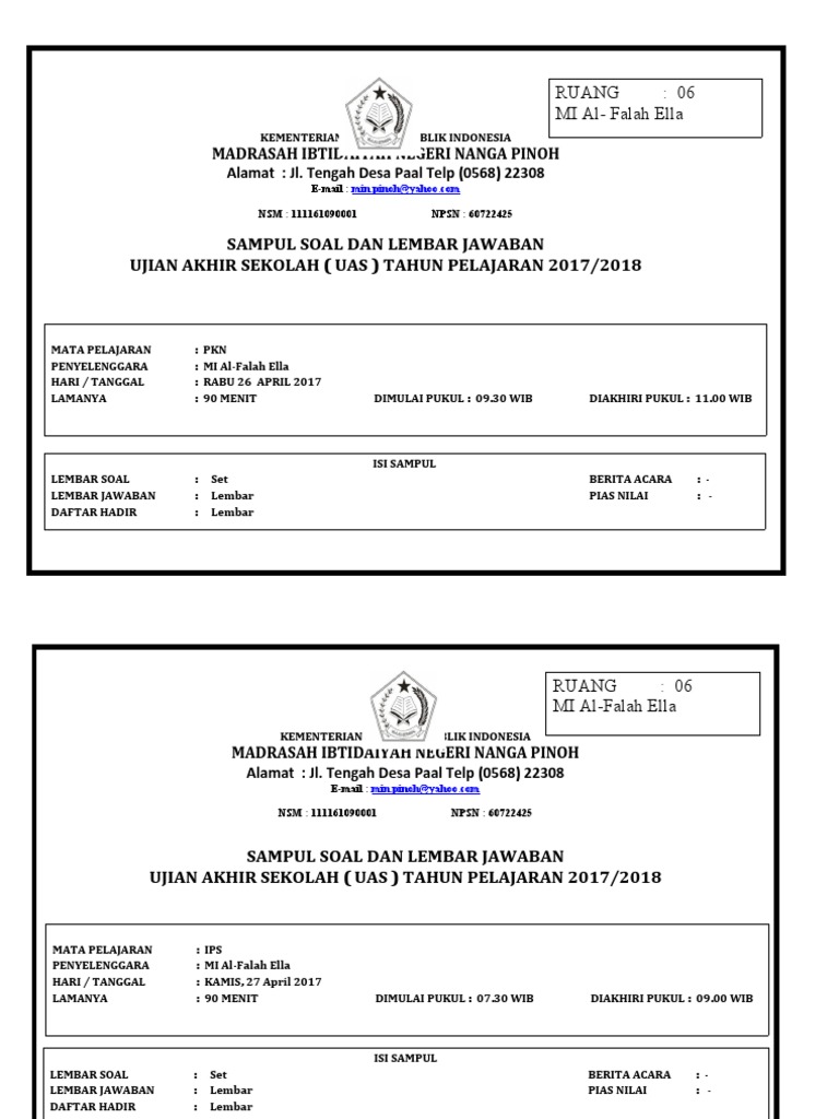 Cover Amplop Soal UAS | PDF