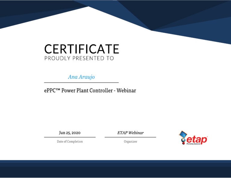 Certificate Power Plant Controller - Webinar ETAP