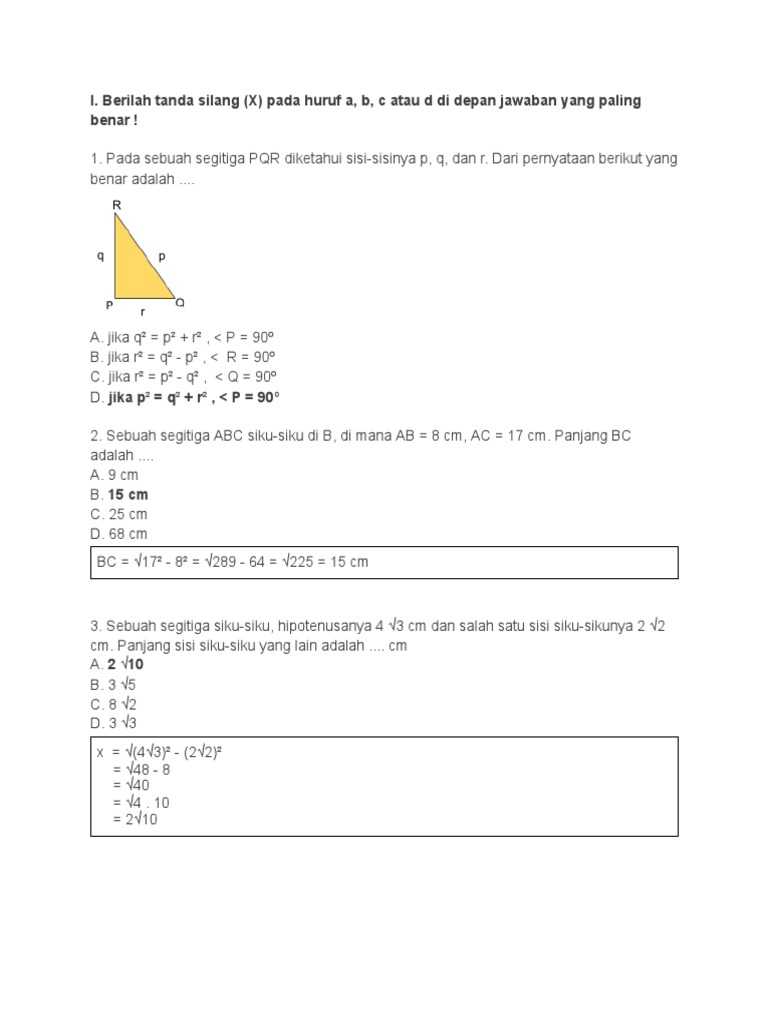 Soal Phytagoras - KUNCI JAWABAN | PDF