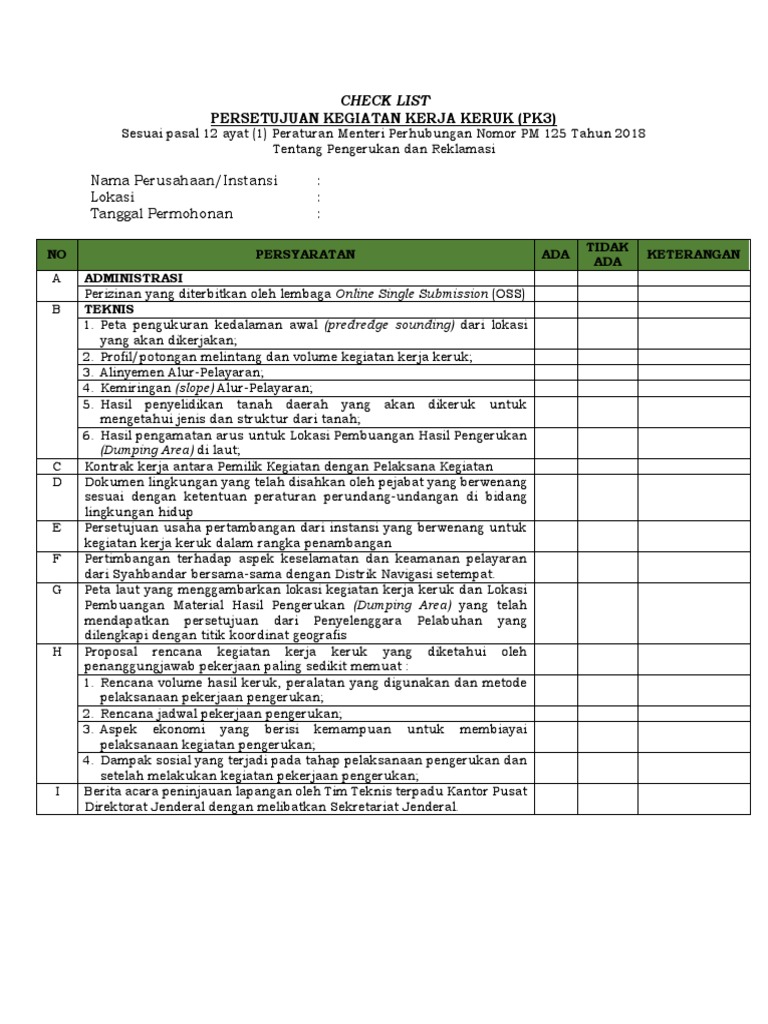 Check - List - Persetujua Kerja - Keruk - (PK3) | PDF