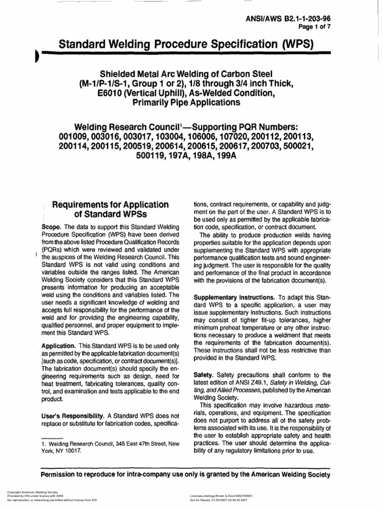 Standard Welding Procedure Specification: Ansi/Aws 62.1-1-203-96 | PDF ...