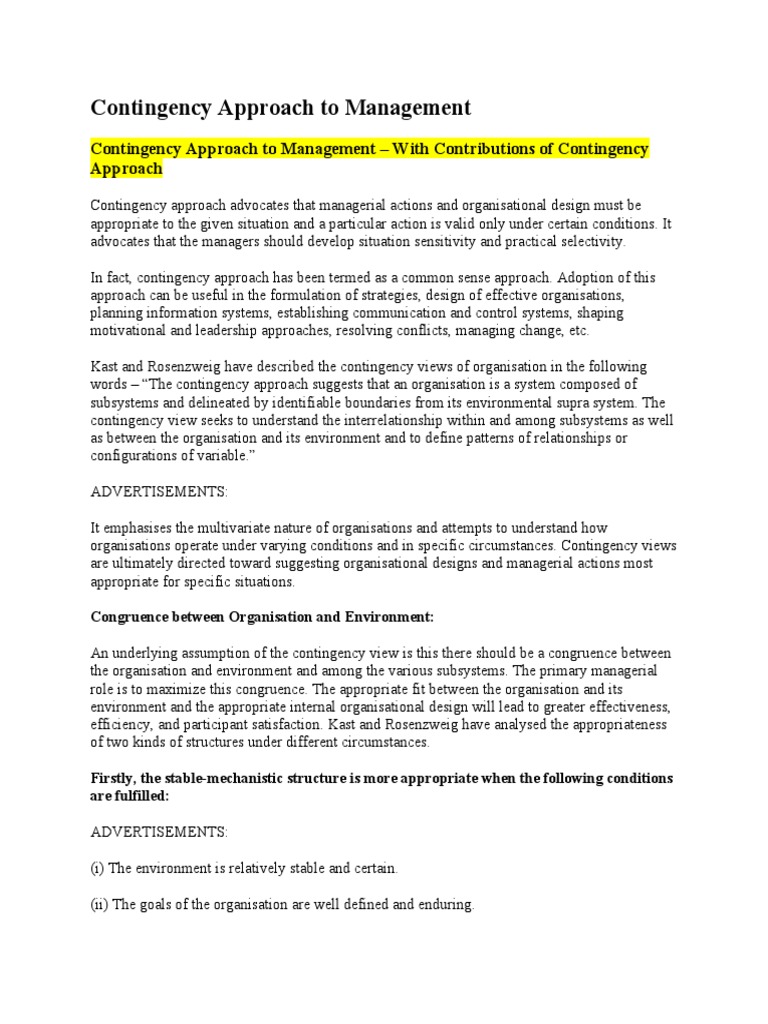 Contingency Approach To Management | PDF | Leadership | Psychological ...