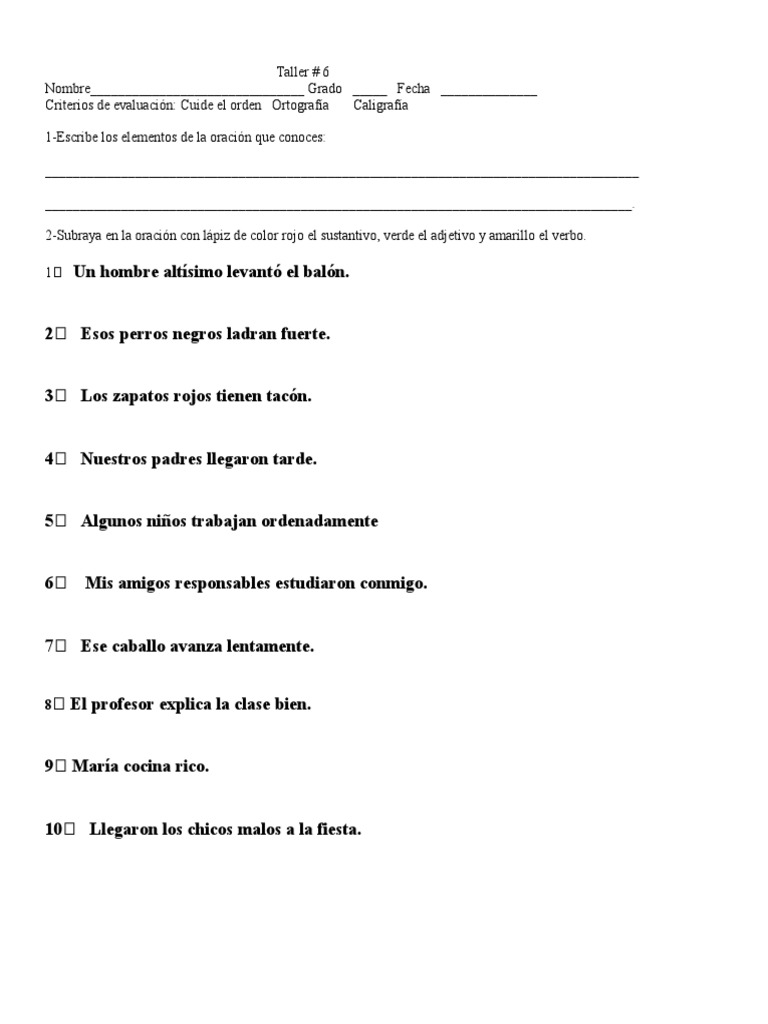 Taller - 6 Elementos de La Oración | PDF
