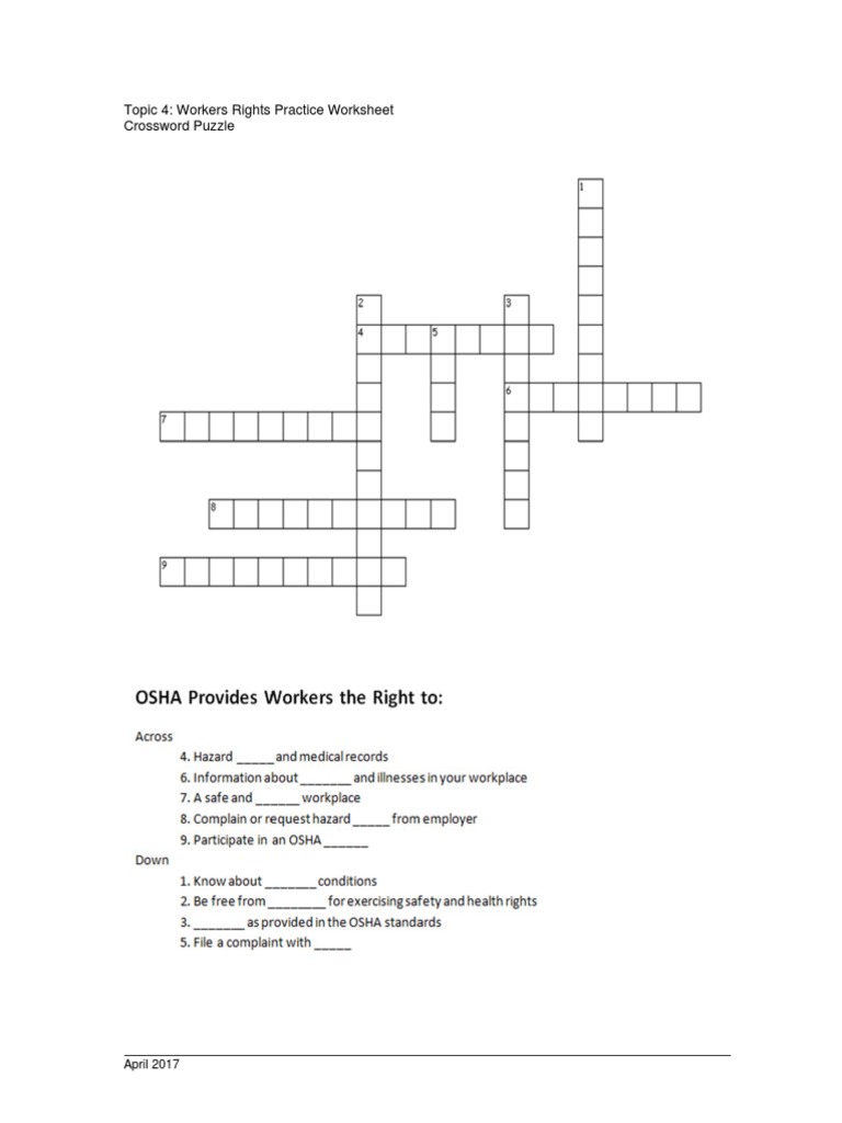 Topic 4: Workers Rights Practice Worksheet Crossword Puzzle: April 2017 ...