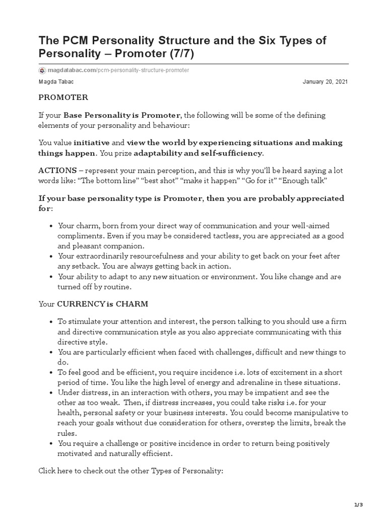 The PCM Personality Structure and The Six Types of Personality Promoter ...